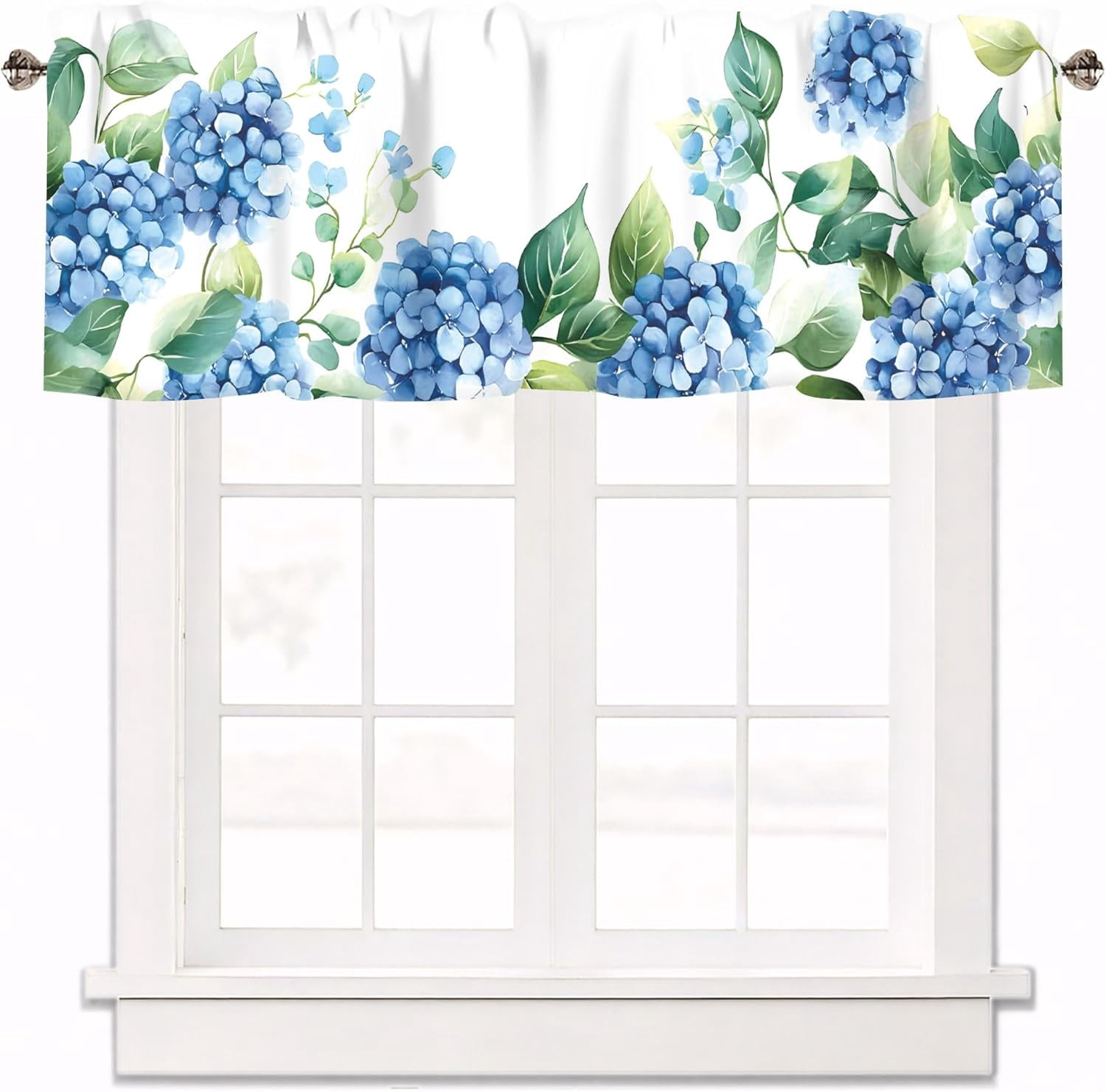 Blue Hydrangea Curtain Valance for Windows Floral Green Leaves Rod ...