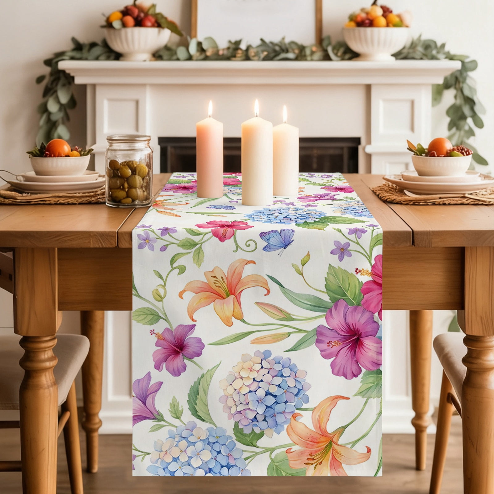 Blue Hydrangea Dining Table Runner, Orange Lily Red Purple Flower ...