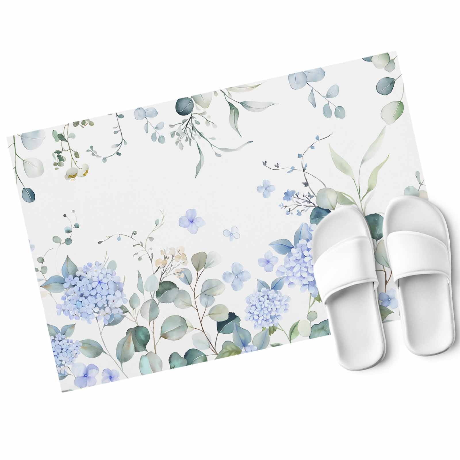 Blue Hydrangea Door Mat Country Eucalyptus Leaf Floral Non Slip ...