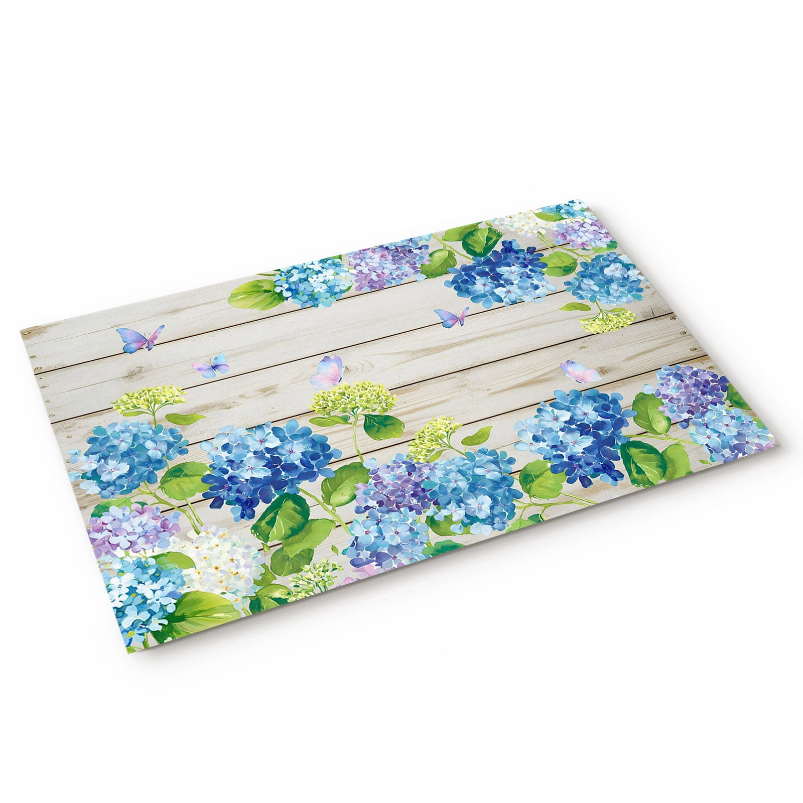 Blue Hydrangea Door Mat Watercolor Blue Purple Flower Butterfly Wood ...