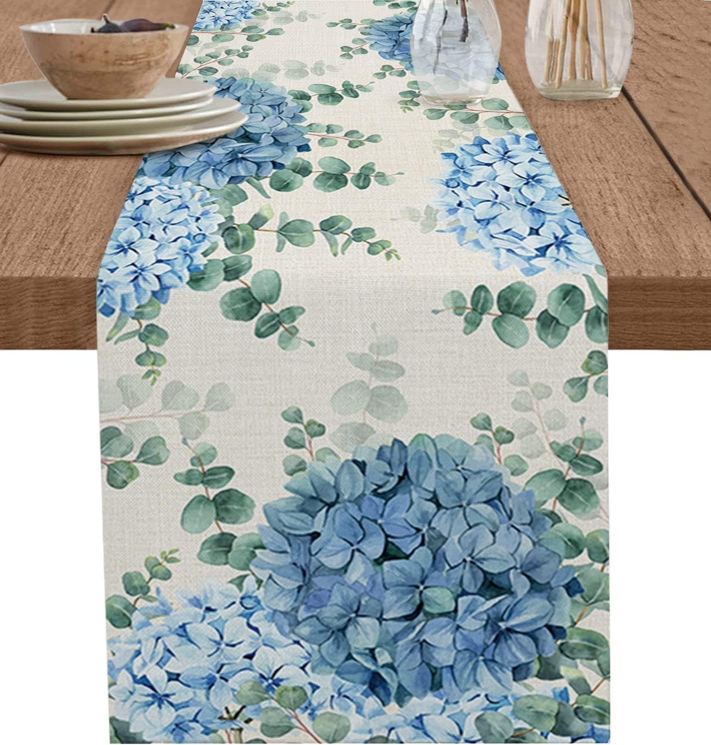 Blue Hydrangea Eucalyptus Linen Table Runners Dresser Scarves Table r ...