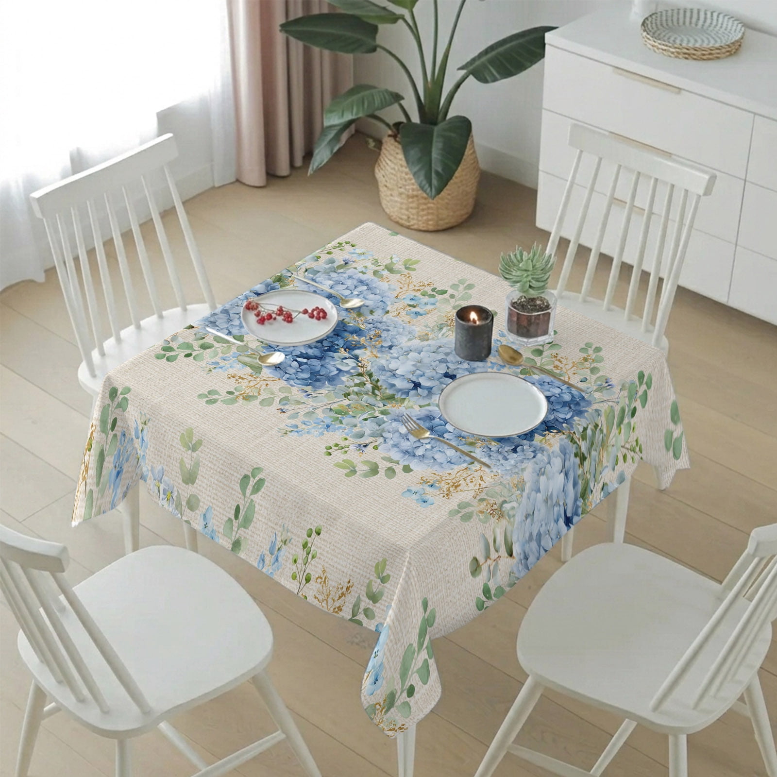 Blue Hydrangea Farm Eucalyptus Table Cloth 54x54in, Waterproof Square ...