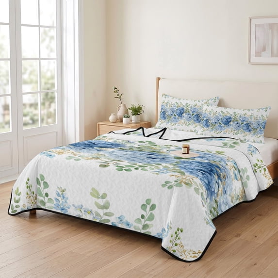 Blue Hydrangea Farm Floral 3 Pieces Quilt Set,1 Quilt with 2 Shams ...