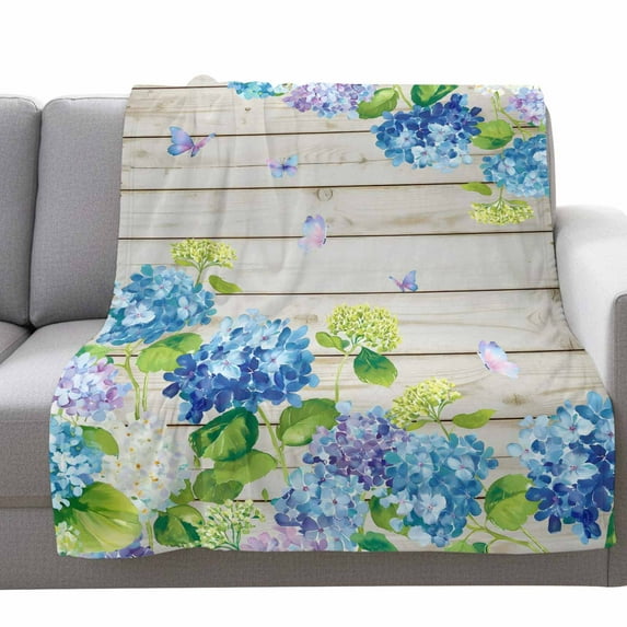Blue Hydrangea Fleece Throw Blanket Lightweight Watercolor Blue Purple ...
