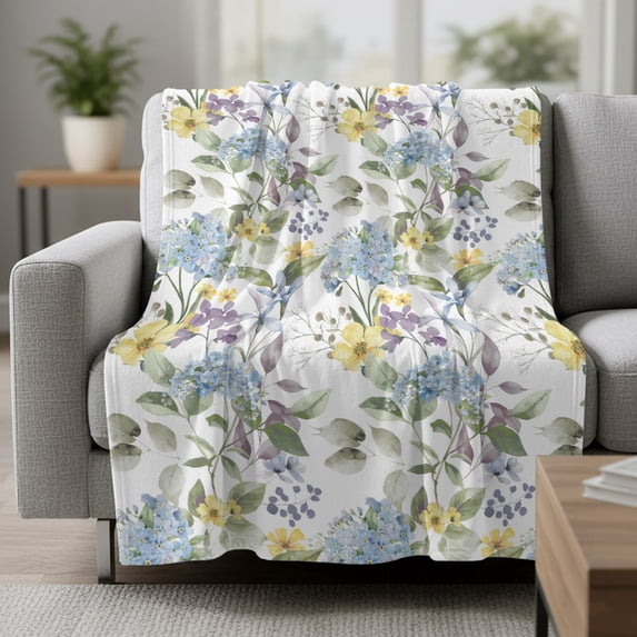 Blue Hydrangea Fleece Throw Blanket Watercolor Spring Yellow Floral ...