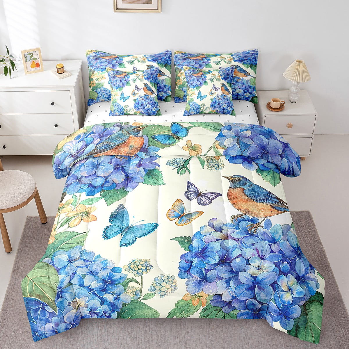 Blue Hydrangea Floral Bedding Twin Size 7pcs Chic Butterfly Bird ...