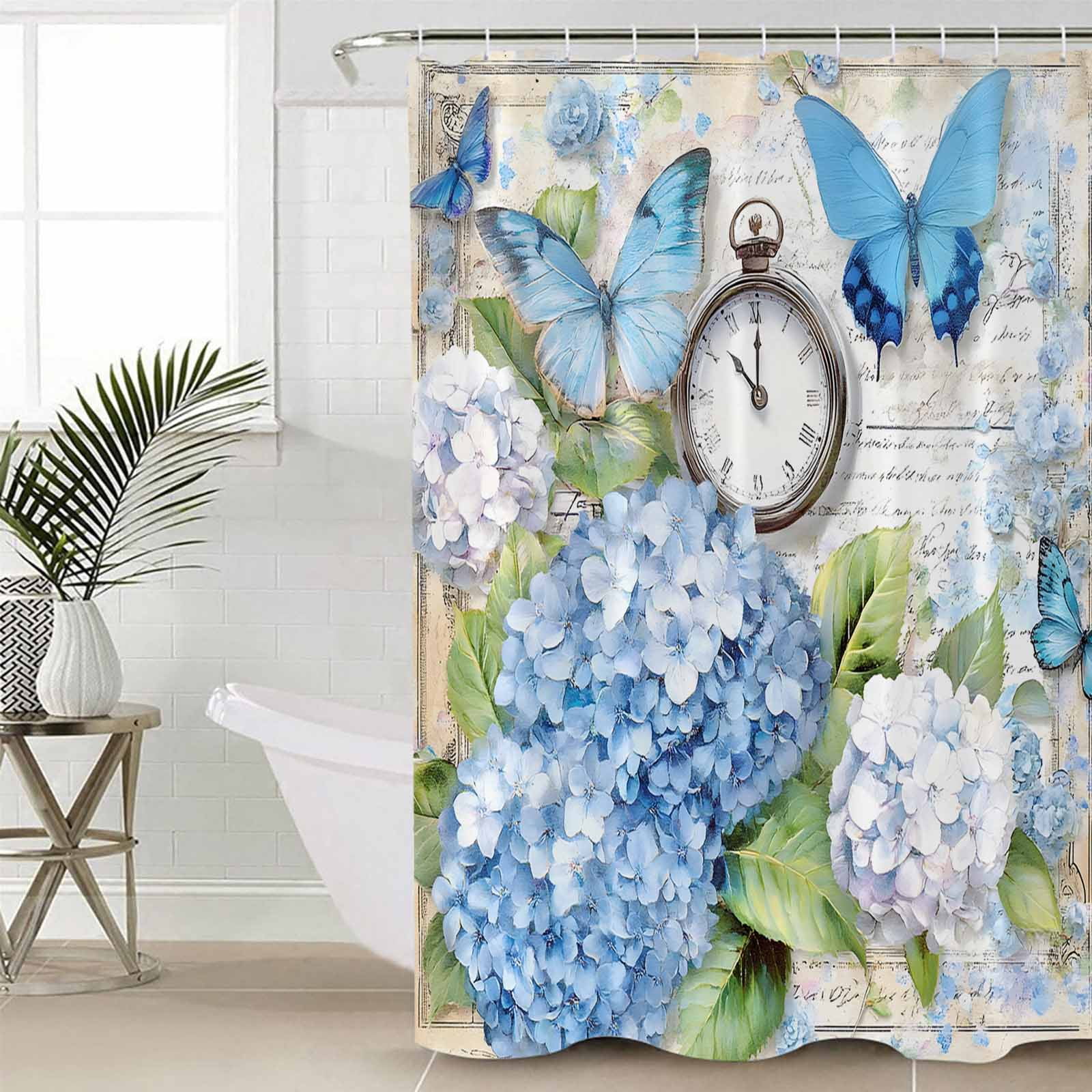 Blue Hydrangea Floral Extra Long Shower Curtain Set, Waterproof Shower ...