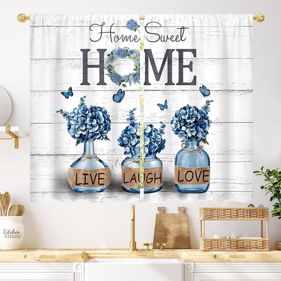 Blue Hydrangea Floral Kitchen Curtain 27.5W X 39L Inch 2 Panel Rod ...