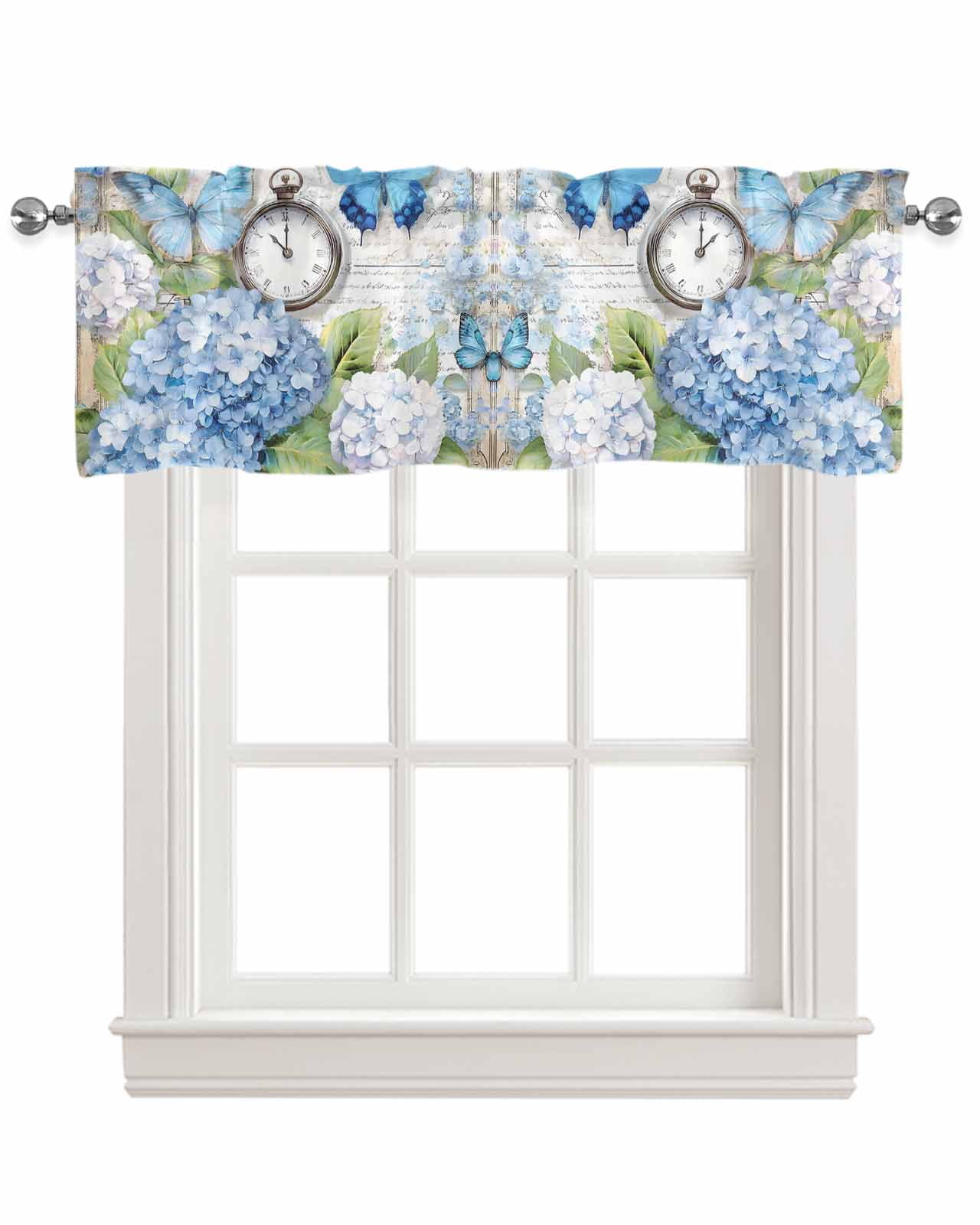 Blue Hydrangea Floral Kitchen Valances for Windows Farmhouse Linen ...