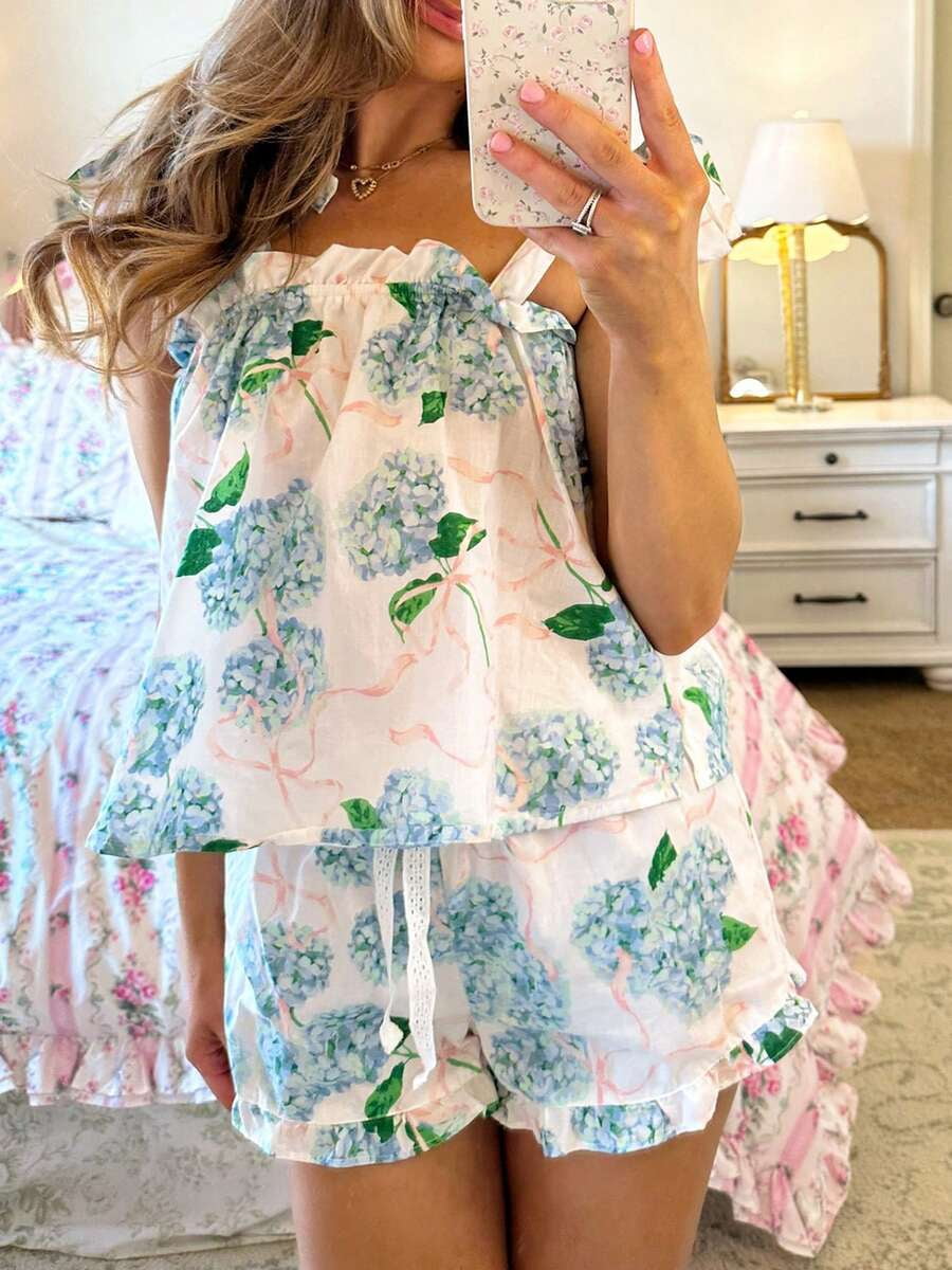 Blue Hydrangea Floral Print Tie-Up Strap Pajama Set With Ruffle Hem ...