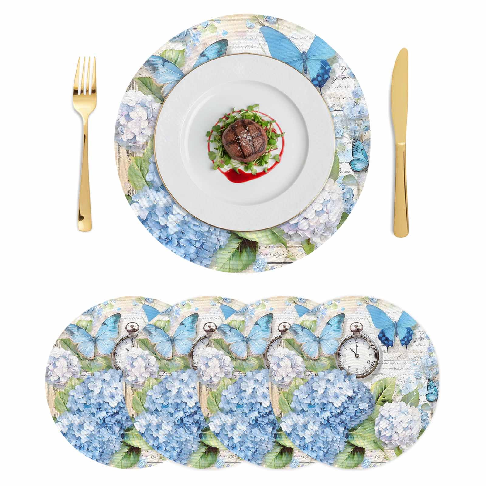 Blue Hydrangea Floral Round Placemats Set of 4 Spring Retro Butterfly ...