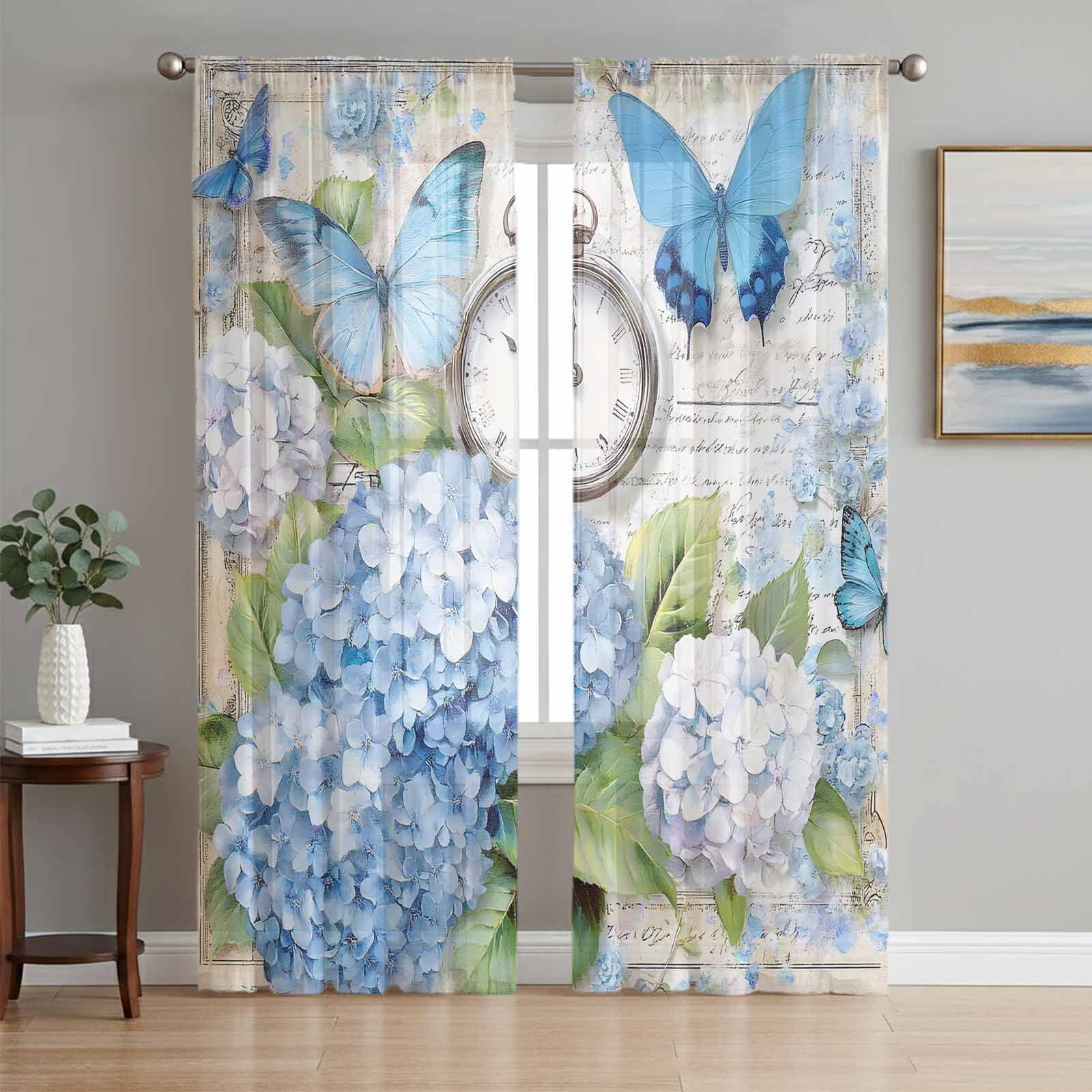 Blue Hydrangea Floral Semi Sheer Curtains 108 Inch Length 2 Panels Set ...