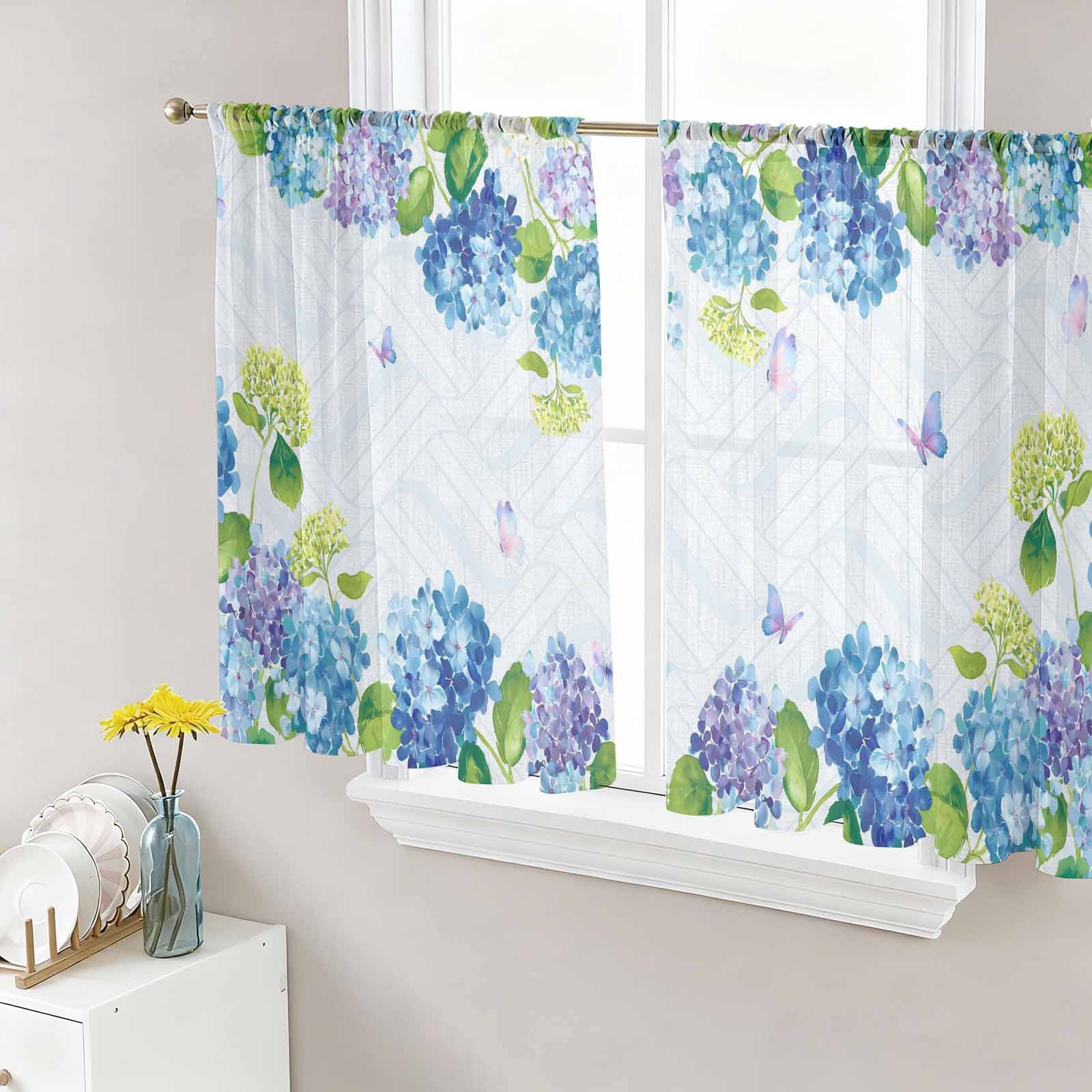Blue Hydrangea Floral Sheer Curtains 54 Inch Length 2 Panels Set ...