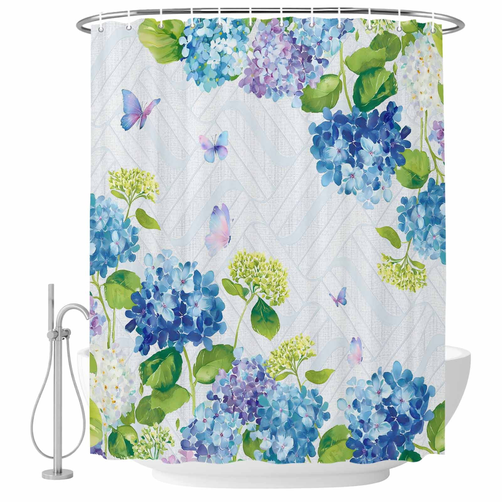 Blue Hydrangea Floral Shower Curtain Set - 72" x 78" Washable Bathtub ...