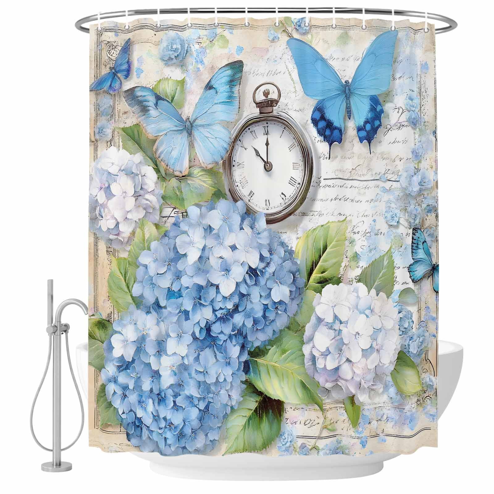Blue Hydrangea Floral Shower Curtain Set - 72" x 78" Washable Bathtub ...