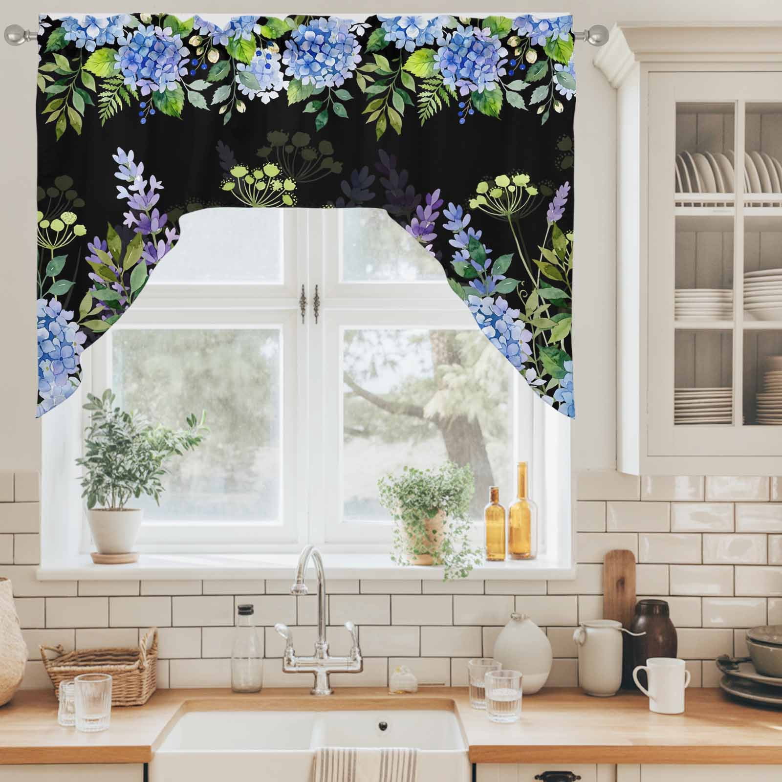 Blue Hydrangea Floral Swag Curtain Valance for Windows, Wildflower ...
