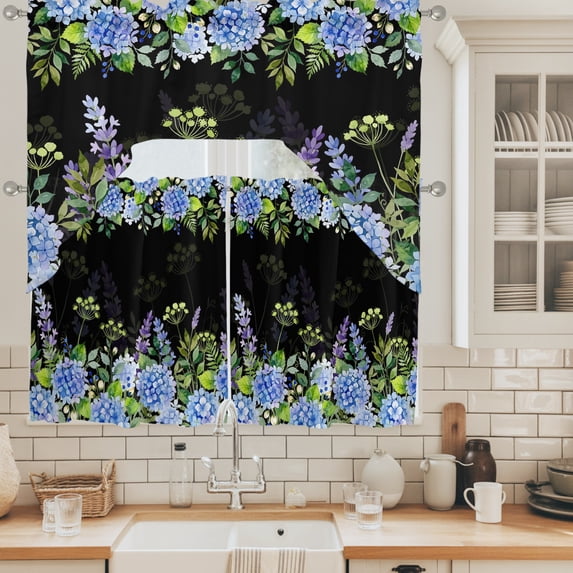 Blue Hydrangea Floral Swag Curtains Valance and Tier Set, Wildflower ...