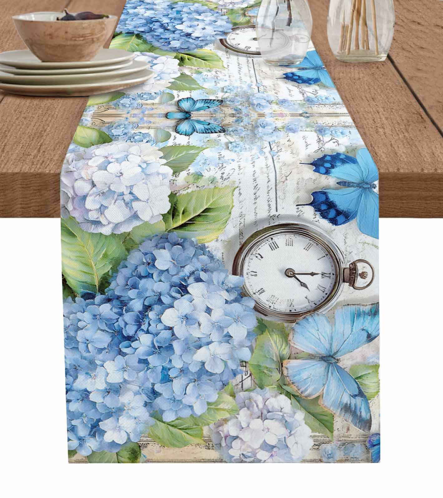 Blue Hydrangea Floral Table Runner 120 Inches, Spring Retro Butterfly ...