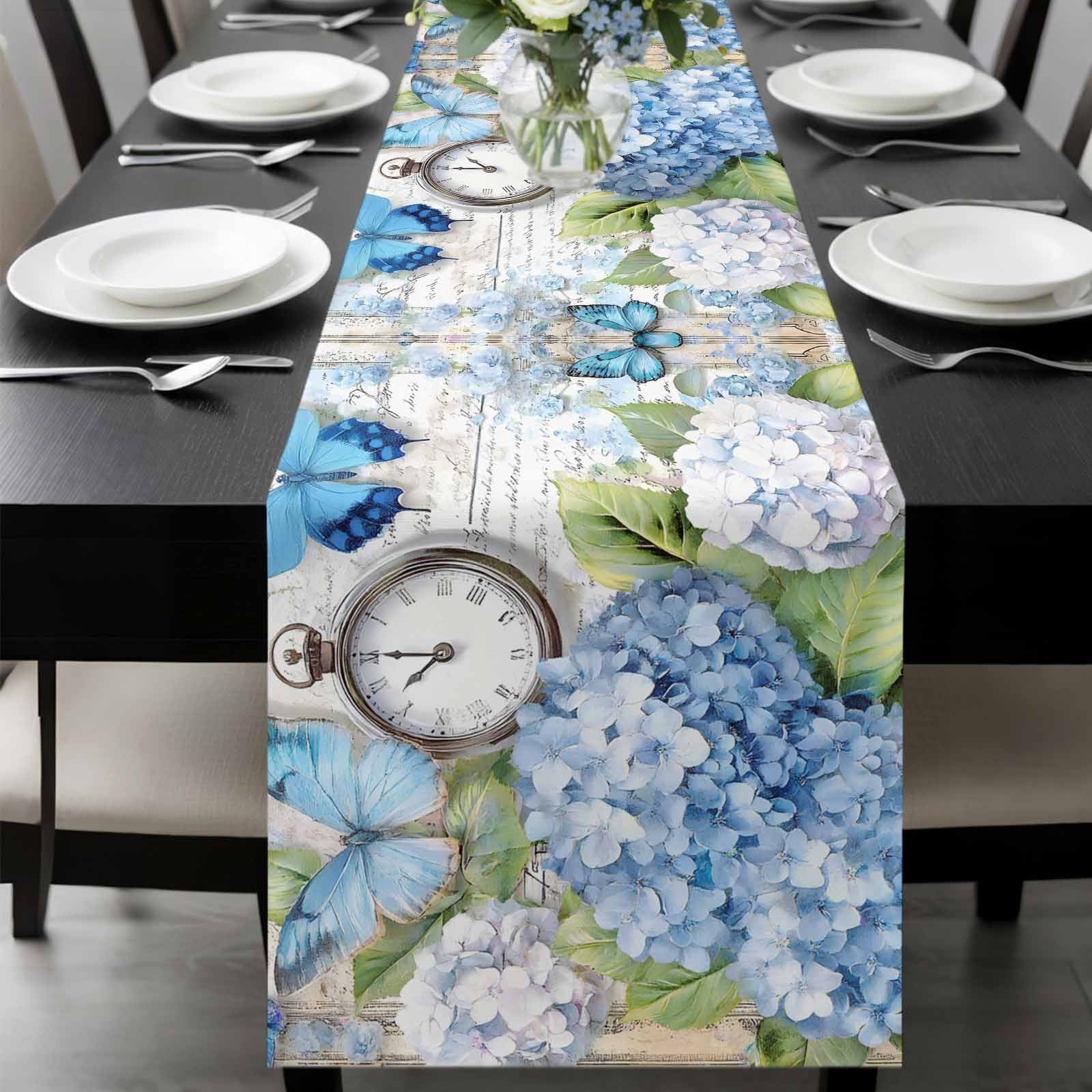 Blue Hydrangea Floral Table Runner 60 Inches Long, Spring Retro ...