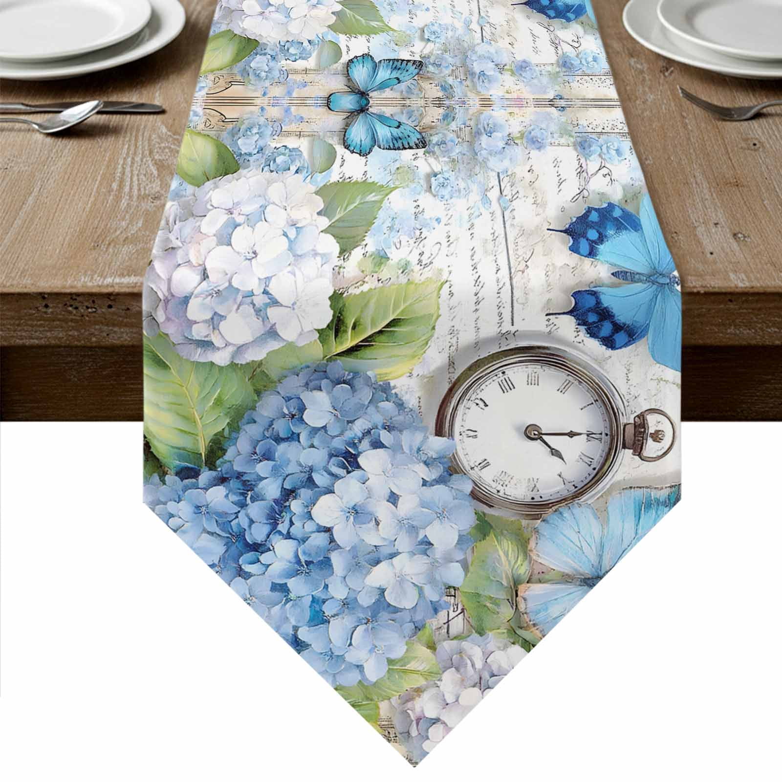 Blue Hydrangea Floral Table Runner Linen Burlap Table Runner 90 Inches ...