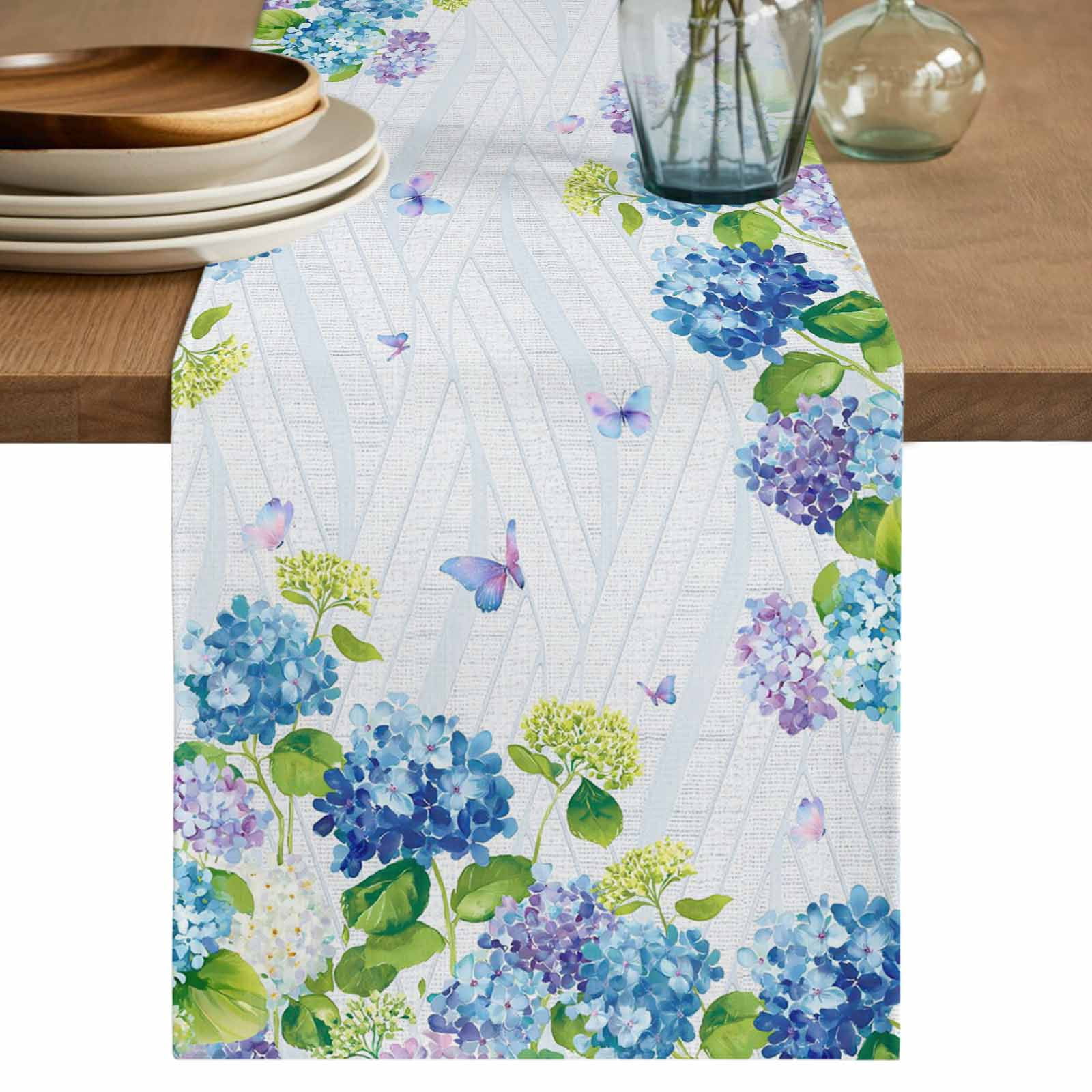 Blue Hydrangea Floral Table Runner, Spring Butterfly Watercolor Flower ...