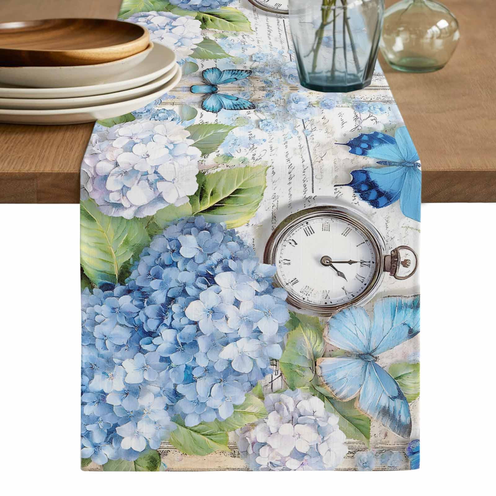 Blue Hydrangea Floral Table Runner, Spring Retro Butterfly Botanical ...
