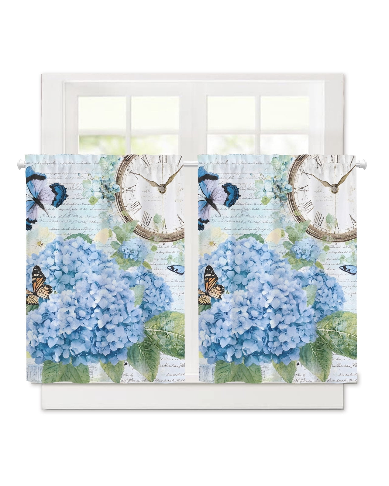 Blue Hydrangea Flower Butterflies Short Blackout Curtains 36 Inch Long ...