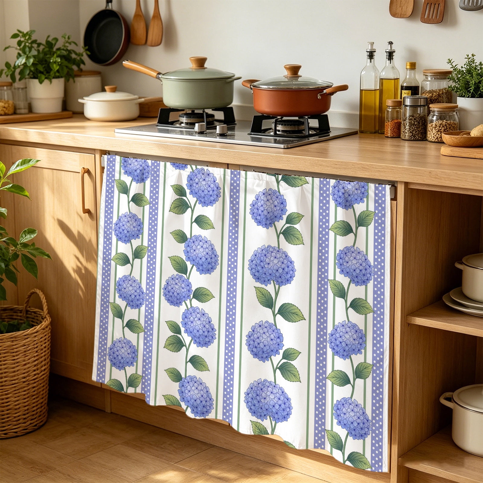 Blue Hydrangea Flower Cabinet Curtains 35" W x 35" L, Stripes Farmhouse ...