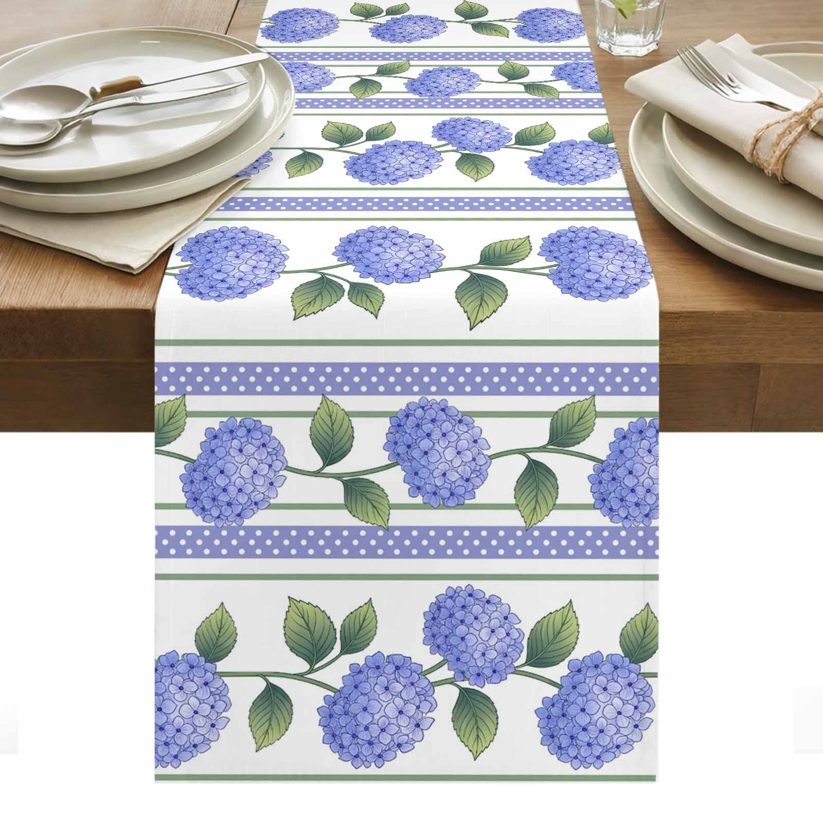 Blue Hydrangea Flower Cotton Linen Table Runner Stripes Farmhouse ...