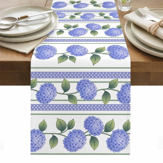 Blue Hydrangea Flower Cotton Linen Table Runner Stripes Farmhouse ...