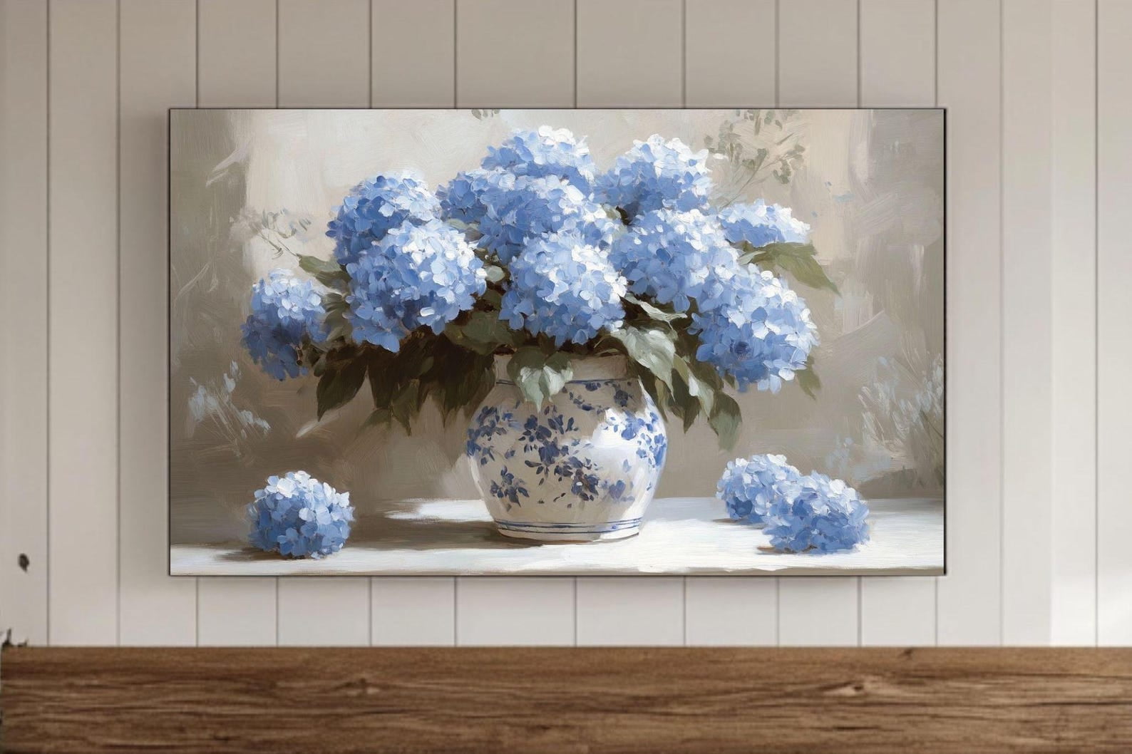 Blue Hydrangea Flower Frame TV Wall Art, Chinoiserie Wallpaper, Spring ...