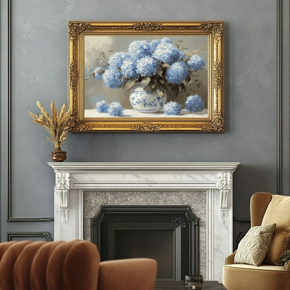 Blue Hydrangea Flower Frame TV Wall Art, Chinoiserie Wallpaper, Spring ...