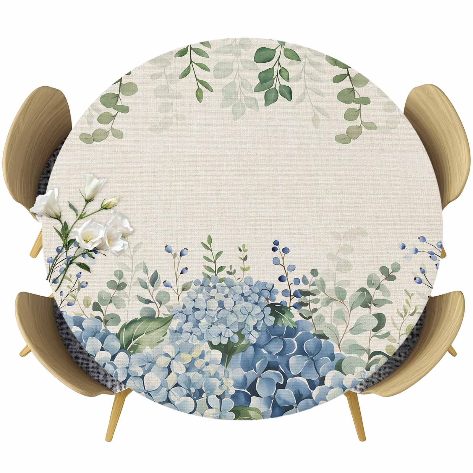 Blue Hydrangea Flower Green Eucalyptus Leaves Fitted Round Tablecloths ...