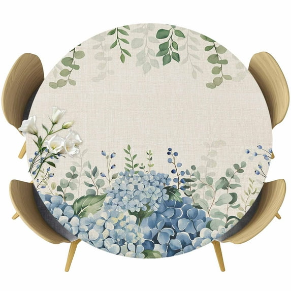 Blue Hydrangea Flower Green Eucalyptus Leaves Fitted Round Tablecloths ...