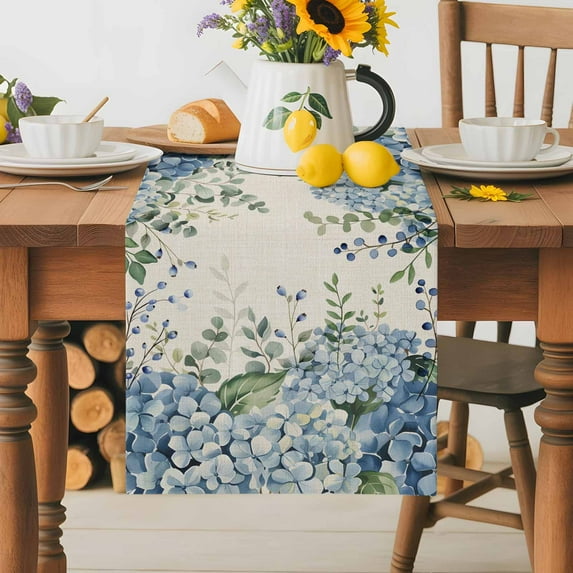 Blue Hydrangea Flower Green Eucalyptus Leaves Table Runners 13x36 ...