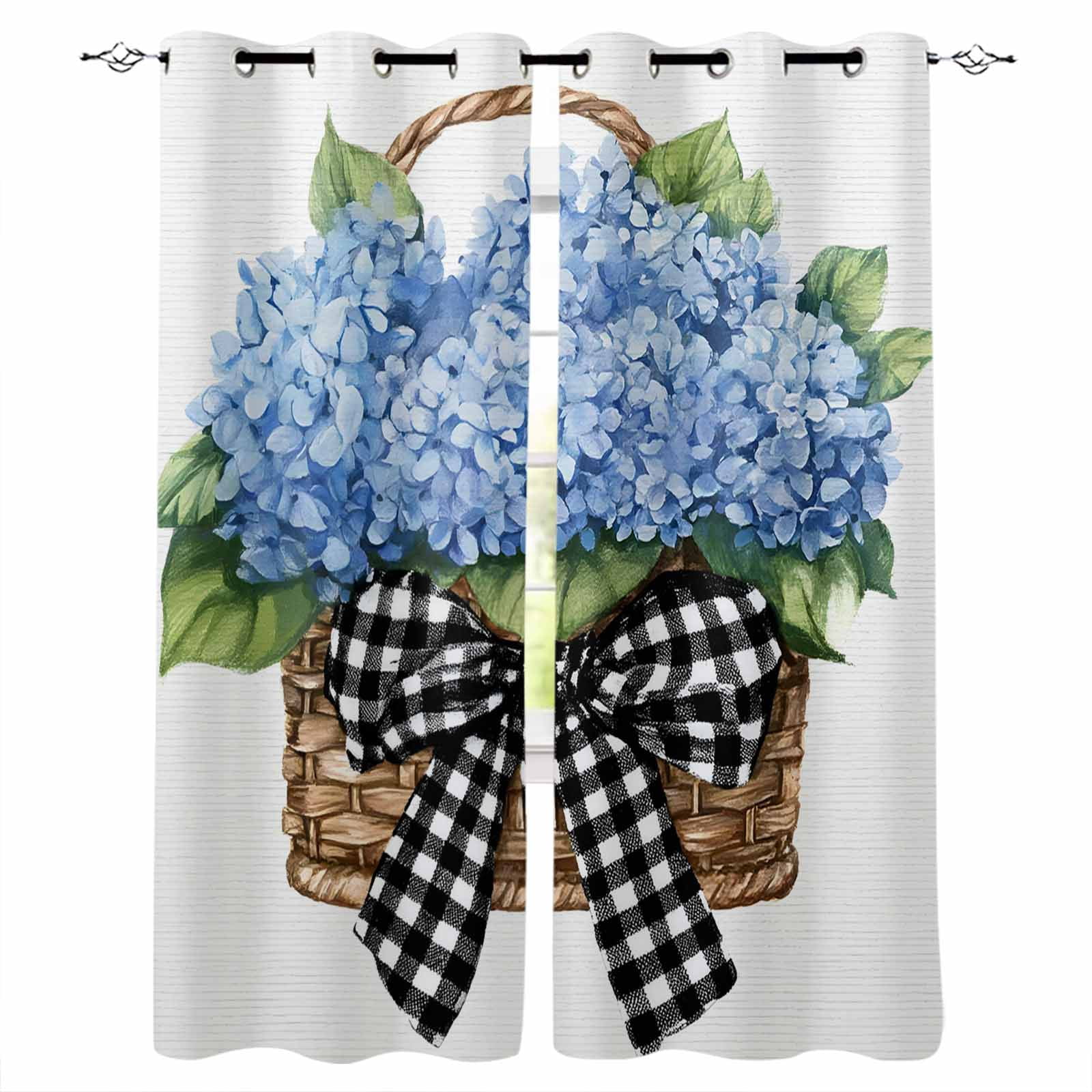 Blue Hydrangea Flower Kitchen Curtains Spring Summer Black White Bow ...