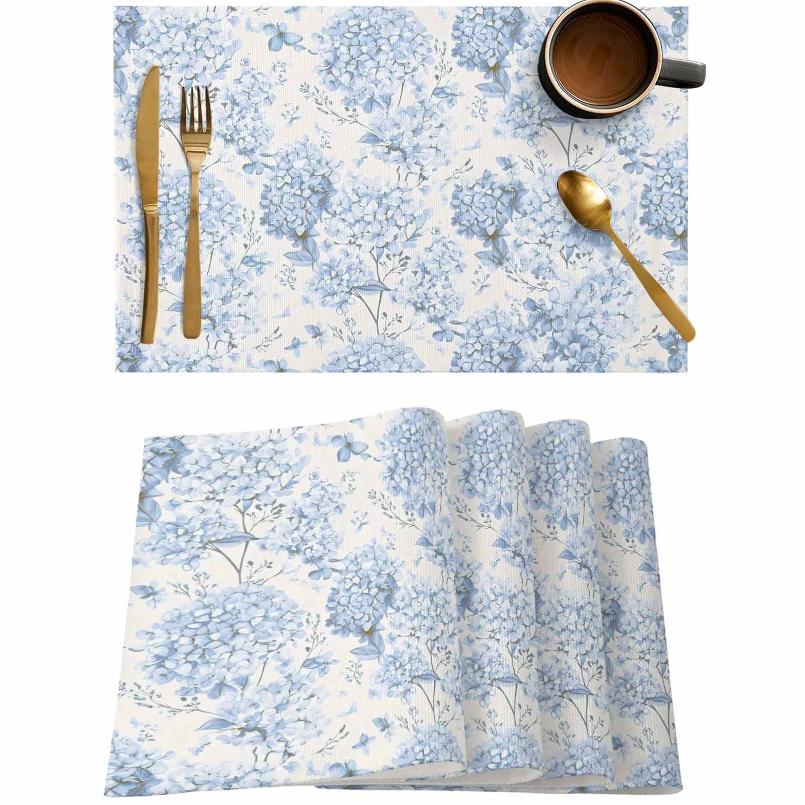 Blue Hydrangea Flower Placemats Set of 4,Wipeable Washable Table Mats ...