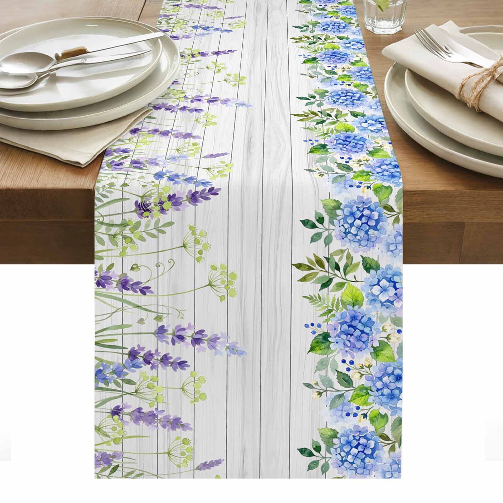 Blue Hydrangea Flower Table Runner Farmhouse Country Plant Wood Grain ...