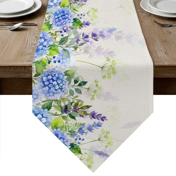 Blue Hydrangea Flower Table Runner Linen Burlap Table Runner 90 Inches ...