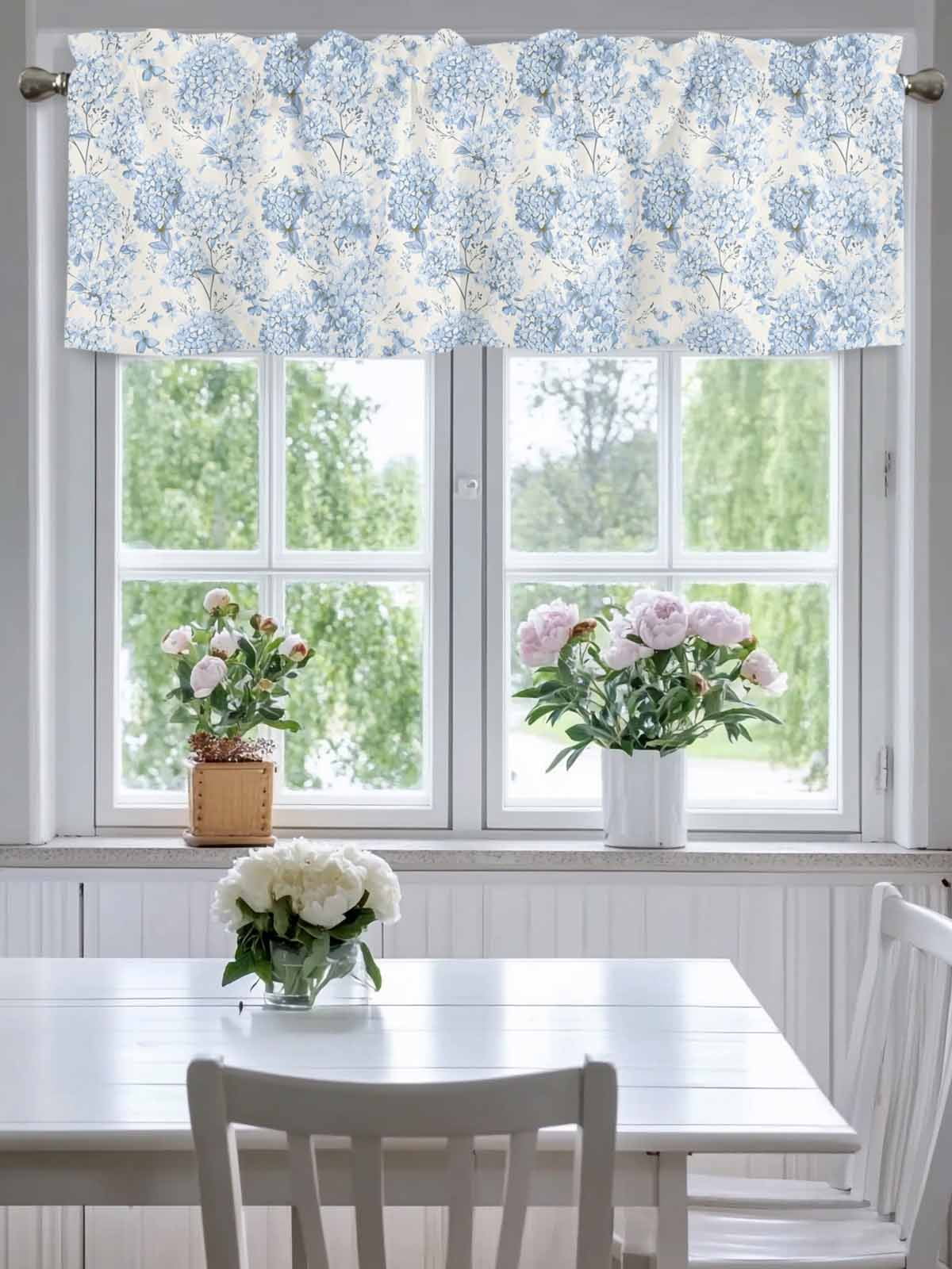 Blue Hydrangea Flower Valances for Windows,Kitchen Valance Rod Pocket ...