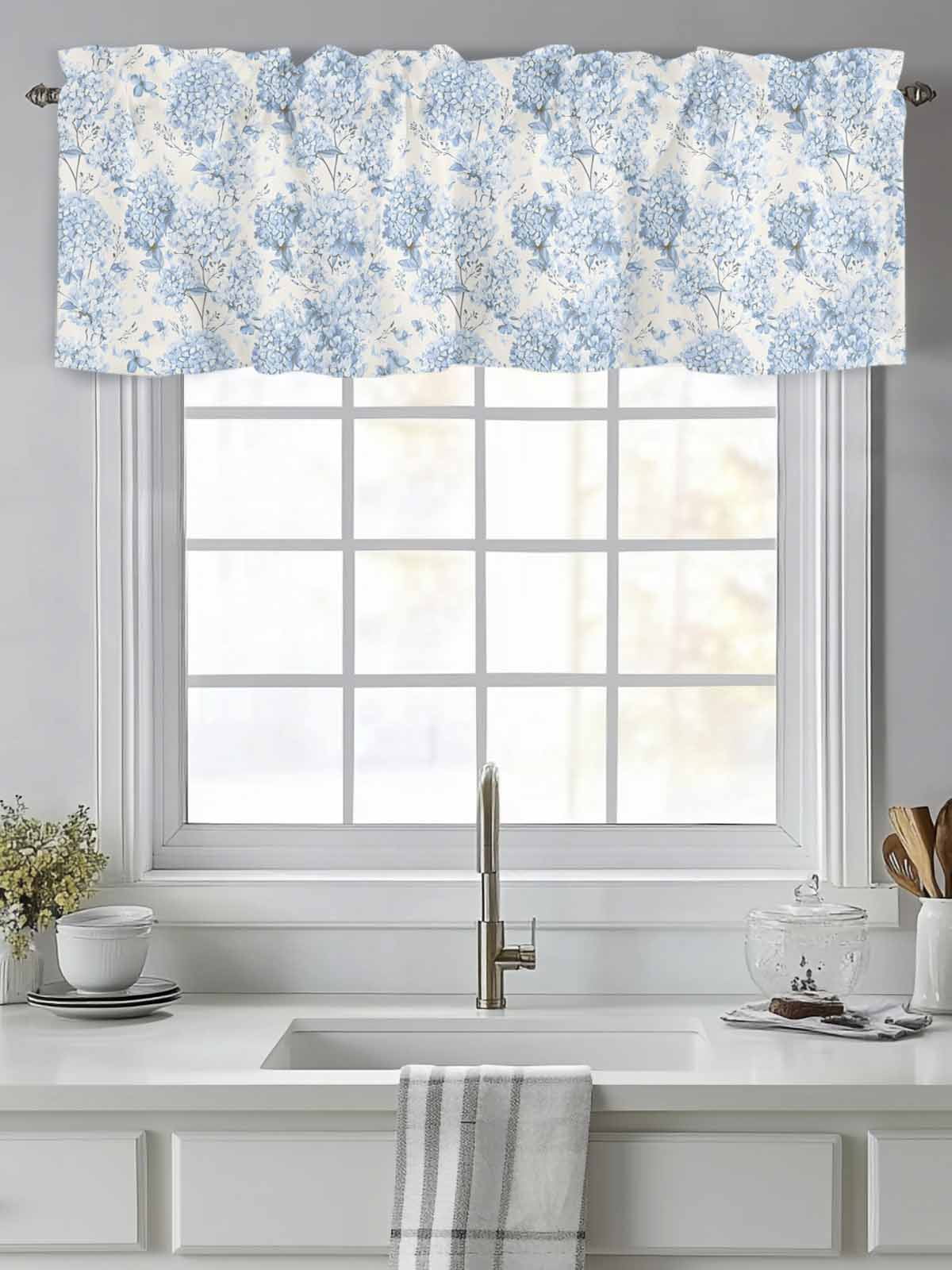 Blue Hydrangea Flower Valances for Windows,Kitchen Valance Rod Pocket ...