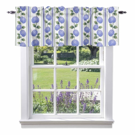 Blue Hydrangea Flower Valances for Windows Stripes Farmhouse Floral Rod ...