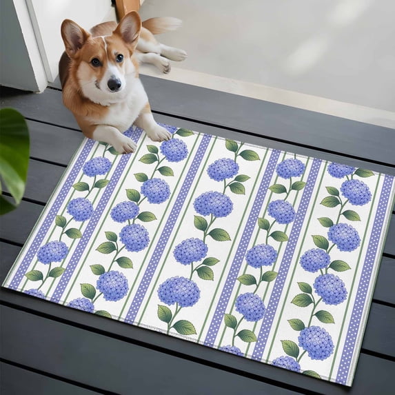 Blue Hydrangea Flower Washable Entry Rug 2x3 Stripes Farmhouse Floral ...