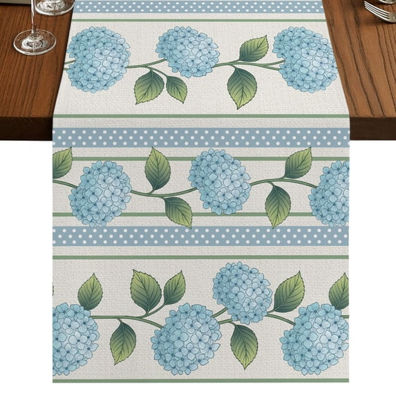 Blue Hydrangea Flowers Burlap Cotton Table Runner 13x120 Inches Long ...