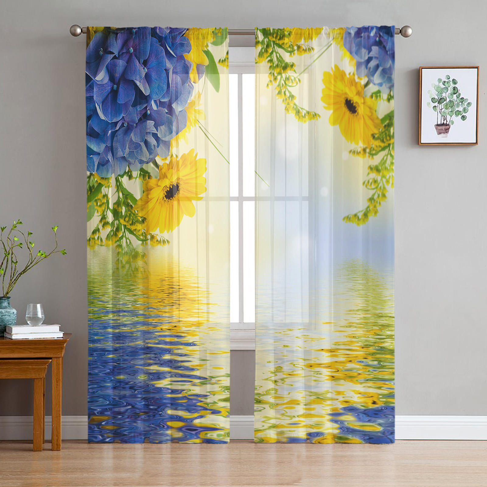 Blue Hydrangea Flowers Chrysanthemum Tulle Sheer Window Curtains for ...