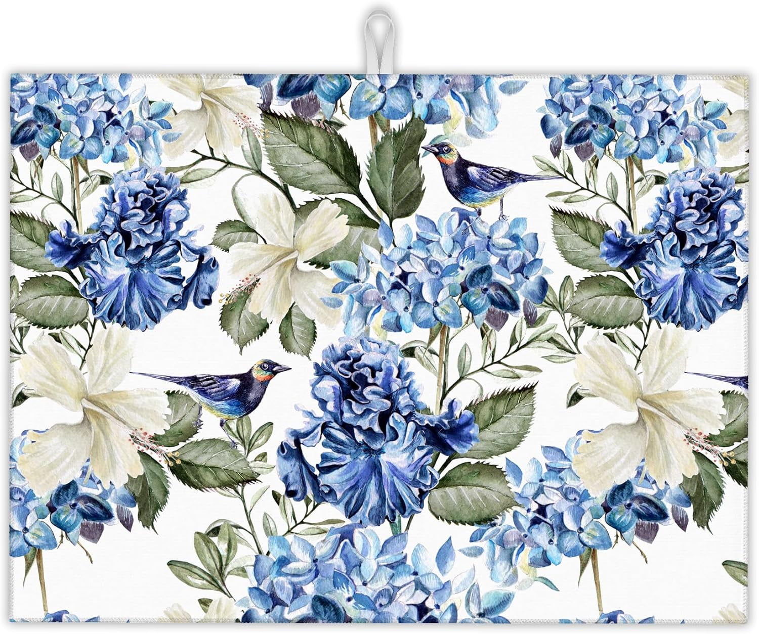 Blue Hydrangea Flowers Dish Drying Mat,Bird Drying Rack Pad Countertop ...