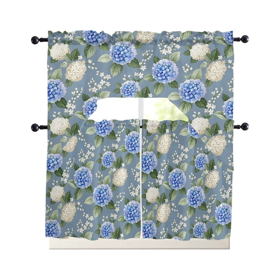 Blue Hydrangea Flowers Kitchen Curtains Set for Windows 3 Piece Cafe ...