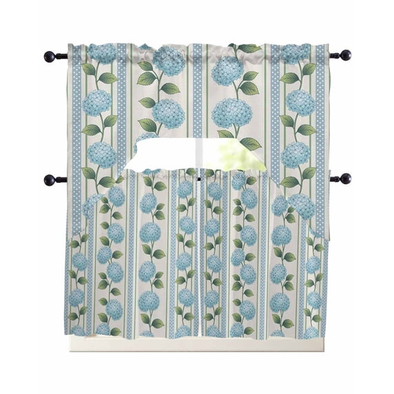 Blue Hydrangea Flowers Kitchen Curtains Set for Windows 3 Piece Cafe ...