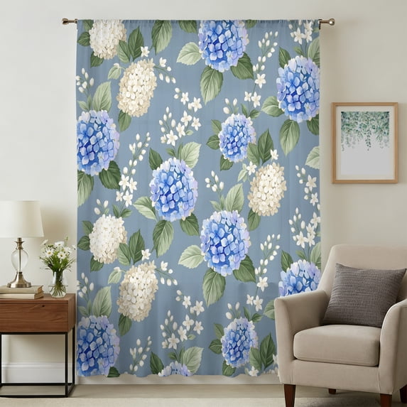 Blue Hydrangea Flowers Sheer Curtains 96 Inches Long, Farmhouse Country ...