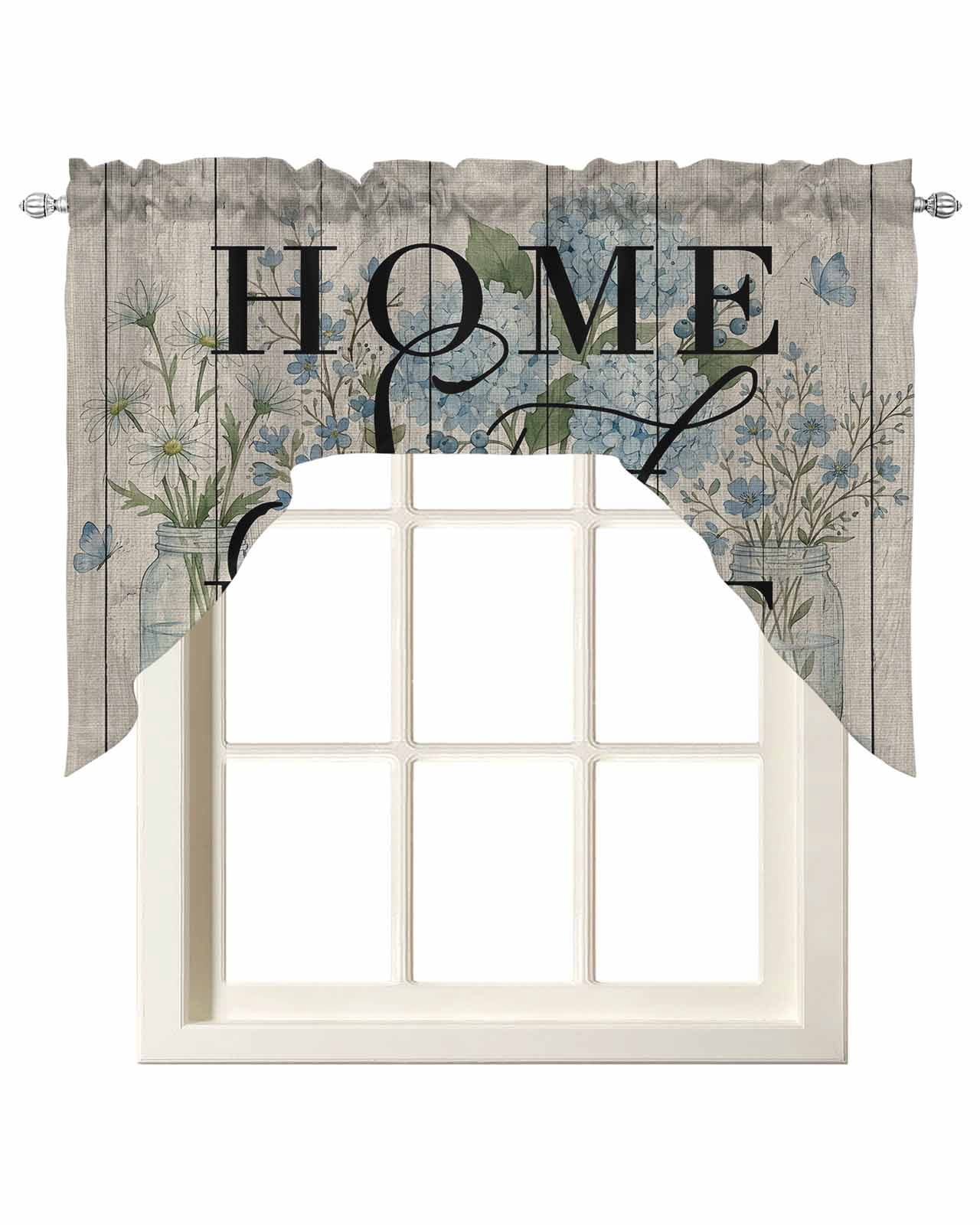 Blue Hydrangea Flowers Swag Valances for Windows, Farmhouse Wooden ...